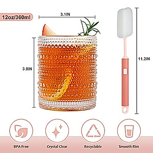 ZMOWIPDL Vintage Glassware Drinking Glasses Set of 6,12 oz Hobnail Glass Cups,Embossed Clear Water Tumbler,for Beer,Cocktail,Whiskey,Juice and Various Mixed Drinks- 1 Cleaning Brush