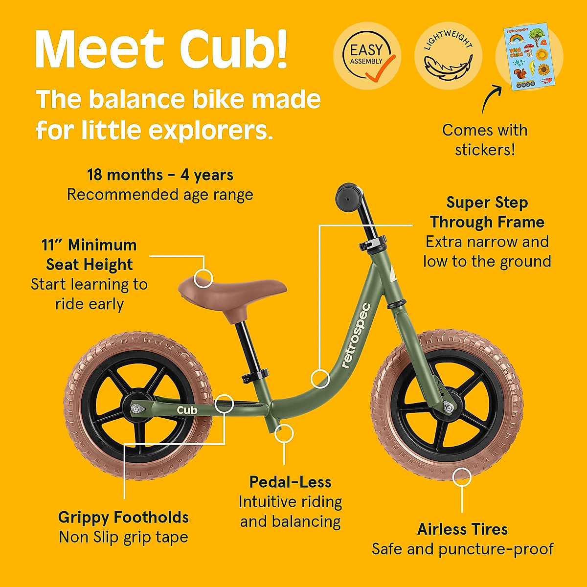 Retrospec Cub 2 Toddler 12" Balance Bike, 18 Months - 3 Years Old, No Pedal Beginner Kids Bicycle for Girls & Boys, Flat-Free Tires, Adjustable Seat, & Durable Frame