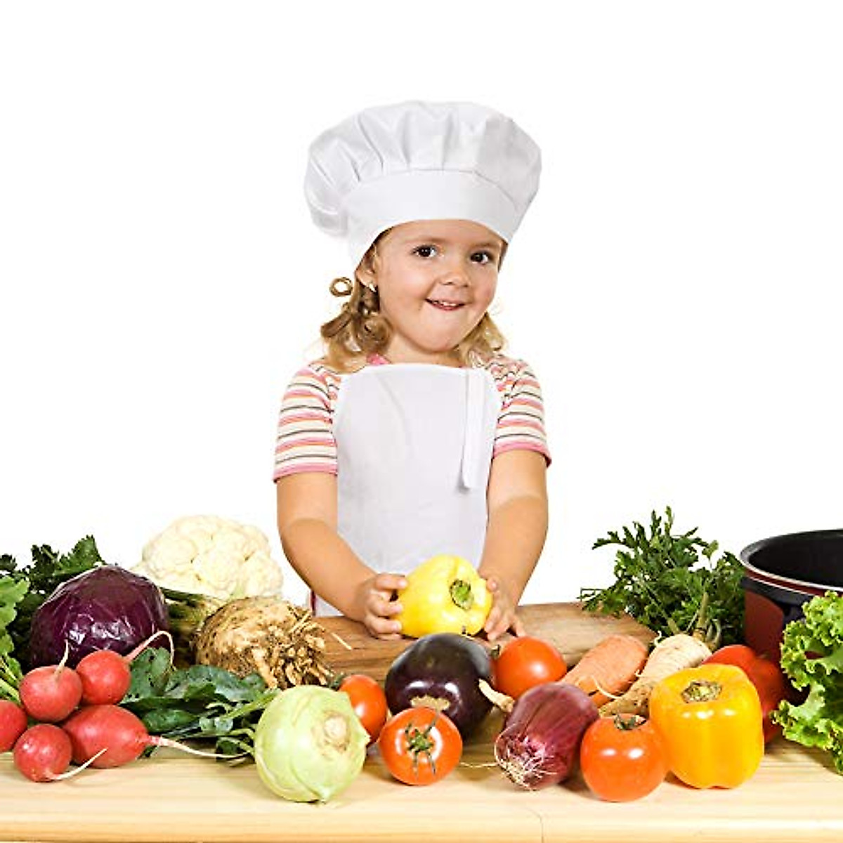 CRJHNS Kids Apron and Chef Hat Set, Adjustable Cotton Child Aprons with Large Pocket White Girls Boys Kitchen Bib Aprons for Cooking Baking Painting