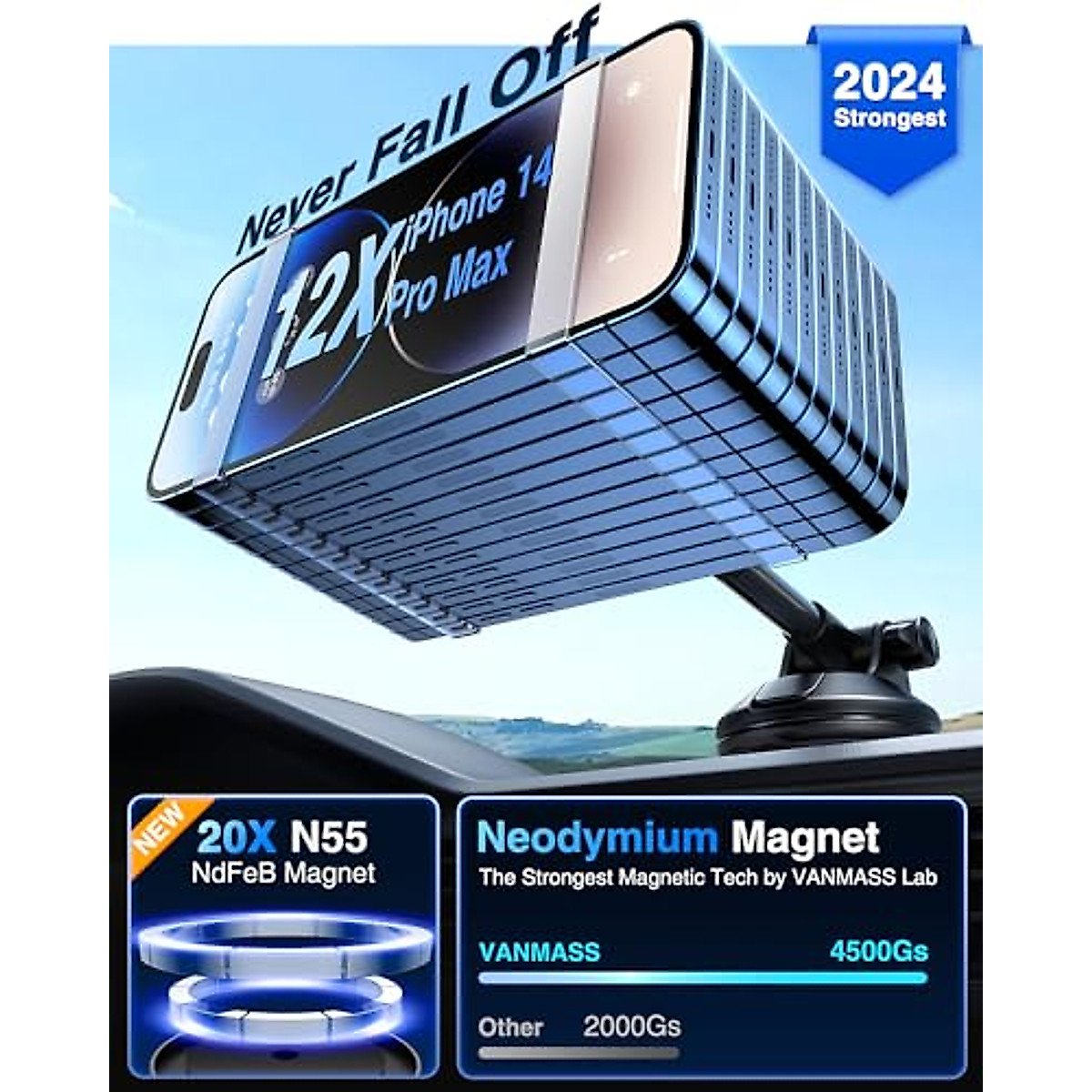 VANMASS Magnetic Cell Phone Holder for Car [2024 True Military-Grade] for MagSafe Car Mount Suction Cellphone Stand for Dashboard Windshield Vent, Magnet Dash Mobile Accessories for iPhone Android