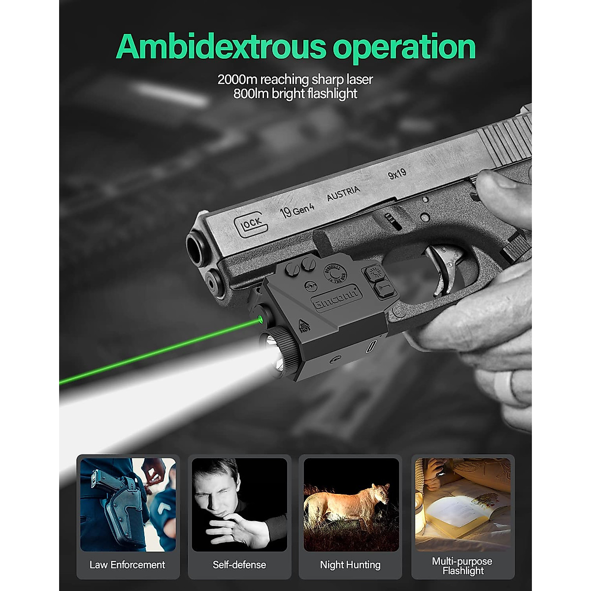 Gmconn Green Laser Light Combo, Tactical Pistol Light 800 Lumen LED Flashlight with Green Beam for Glock Taurus