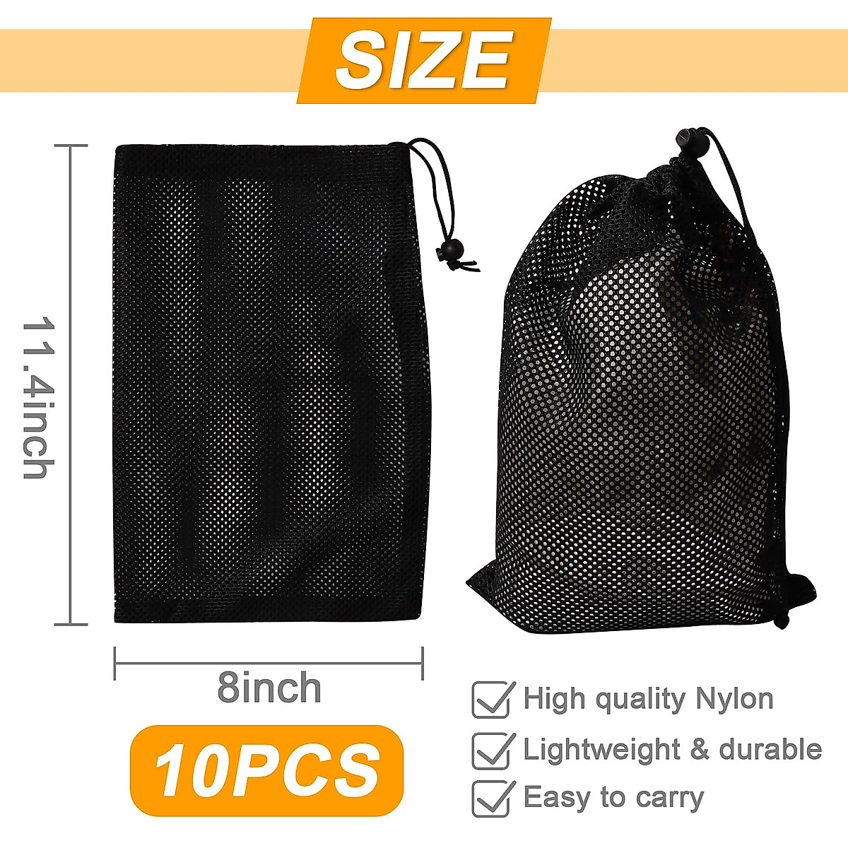 SBYURE 10Pcs Nylon Mesh Drawstring Bag,8 x 11.4 Inch Nylon Mesh Bags with Drawstrings Black Nylon Mesh Bags with Cord Lock Closure for Balls and Travel Laundry Bag
