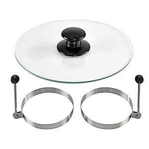 Home-X - Bacon and Eggs Cookware Set Includes Two Stainless Steel Egg Rings and Clear Tempered Glass Bacon Press