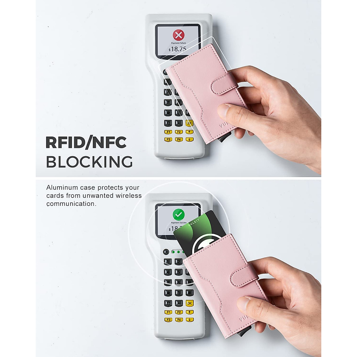 VULKIT Pop up Wallet Credit Card Holder with Leather Slots RFID Blocking Slim Metal Card Case for Men or Women(Rose)