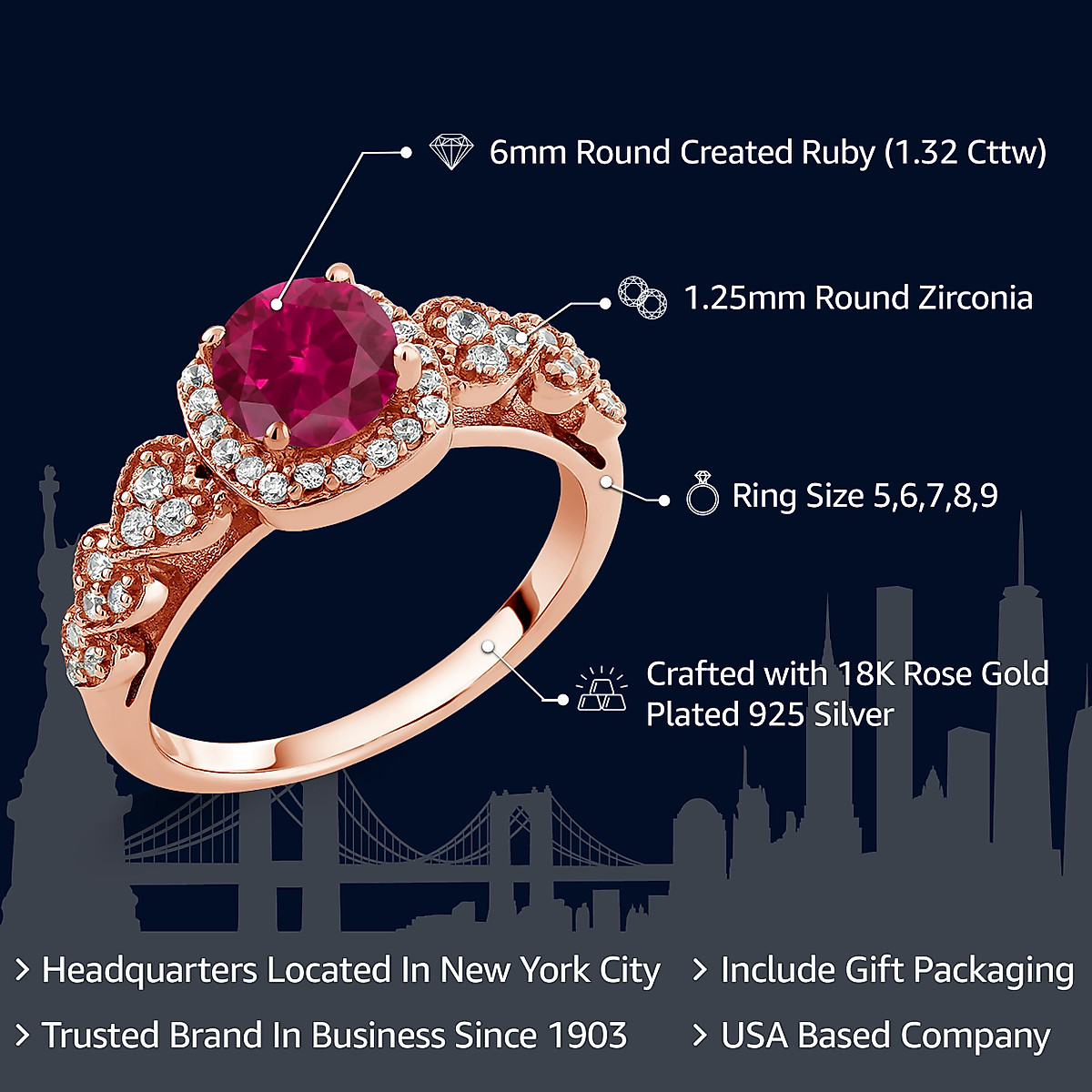 Gem Stone King 18K Rose Gold Plated Silver Round Red Created Ruby Ring For Women (1.32 Cttw, Available In Size 5, 6, 7, 8, 9)