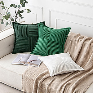 Woaboy Corduroy Pillow Covers 18x18 Inch Dark Green Set of 2 Super Soft Boho Striped Couch Covers Broadside Splicing Decorative Textured Throw Pillows for Cushion Livingroom