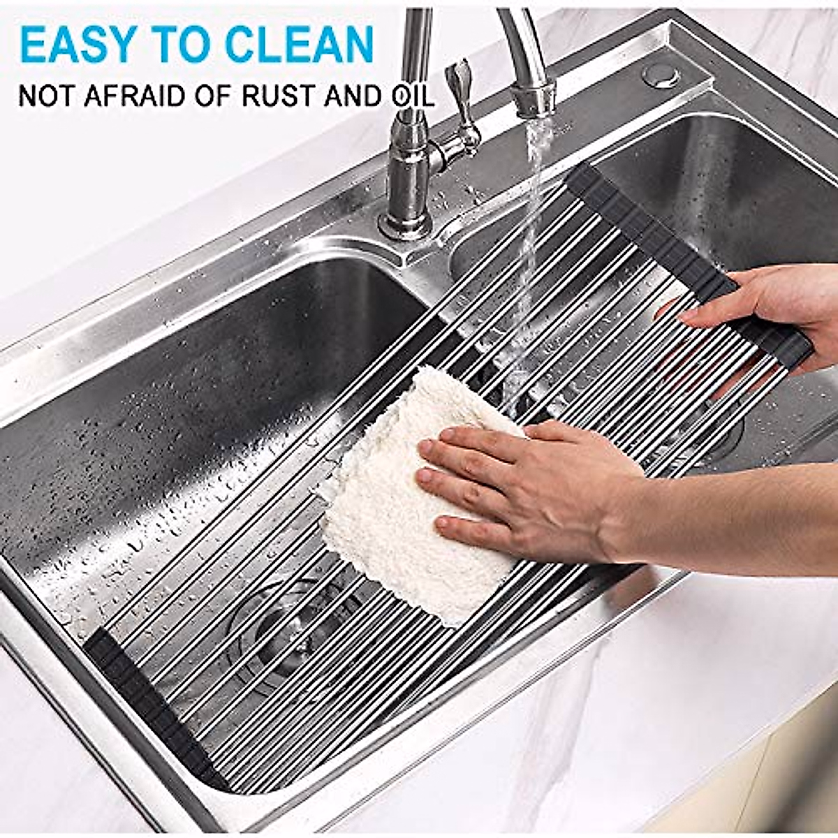 G-TING Dish Drying Rack 17.6" x 16", Over Sink Roll Up Large Dish Drainers Rack, Multipurpose Foldable Kitchen Sink Rack Mat Stainless Steel with Silicone Rims for Dishes, Cups, Fruits Vegetables