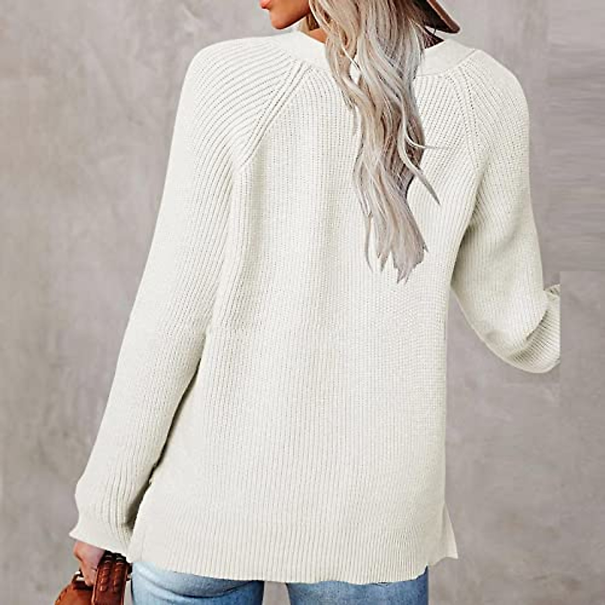 Womens Ribbed Knit Sweaters Long Sleeve Button Down V Neck Pullover Tops Casual Loose Plain Jumper Fall Winter White