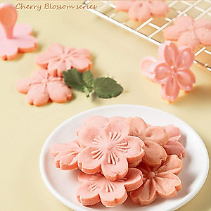 Goeielewe Pastry/Cookie/Fondant Stamper, 2-Inch Press Cookies Mold with 4 Stamps Pink Cherry Blossom Shape Flower Hand Pressure Pastry Tool Fondant Cutters Set for Baking