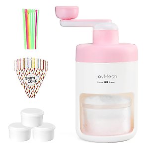 JoyMech Manual Shaved Ice Maker Machine Set with 10 Cardboard Cones, 10 Slushy Straws and 3 Ice Trays, Instant Ice Shaver, Snow Cone Machine, Ideal for making Snowcones and Slushy (Pink)