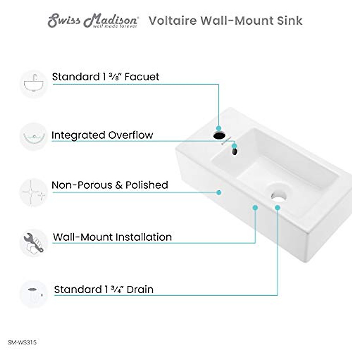 Swiss Madison Well Made Forever SM-WS315 Voltaire Wall Hung Sink, Glossy White