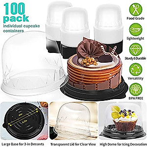 Cupcake Boxes, Individual Cake Container, 100 Pcs Single Disposable Clear Plastic Deep Dome Cupcakes Holders with Lid for Home Shop Party Birthday Wedding Holiday, Cookie Cakes Brownie Storage Carrier