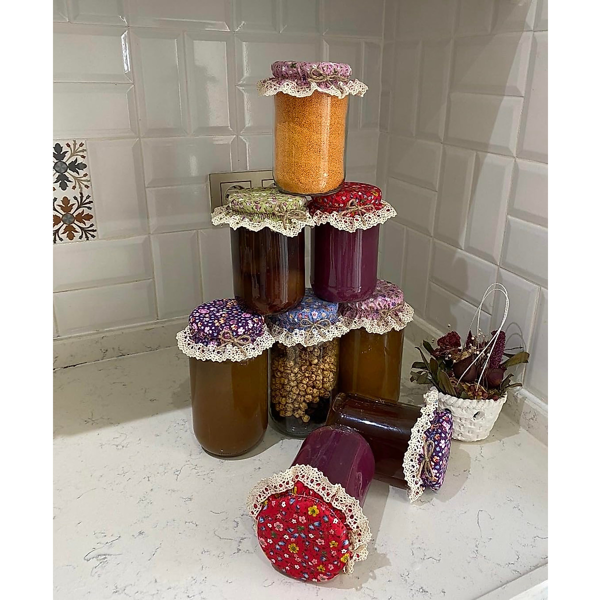 10 Pieces Elastic Jar Cover Cloth - 100% Cotton Jar Cover Cloth - Stretchy Colorful (Red,Blue,Yellow,Pink,Green) Flowered Pattern - Breathable Fermentation Lid Bowl - Reusable Elastic Cloth Jar Covers