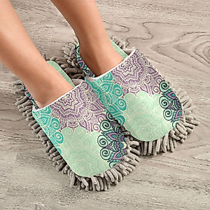 Kigai Microfiber Cleaning Slippers Green Mandala Washable Mop Shoes Slipper for Men/Women House Floor Dust Cleaner, Size M