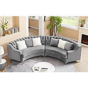 Melpomene Modern Velvet Curved Sofa, Symmetrical Modular Semi Circular Sofa with 6 Pillows(Tufted,Grey)