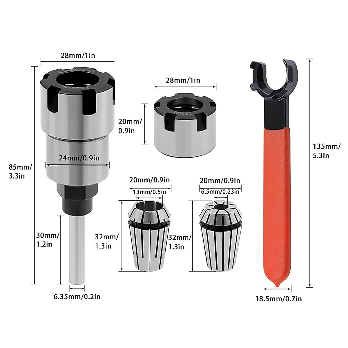 KASCLINO 1/4" Shank Router Bit Collect Extension Chuck Converter Adapter, Convert 1/2-Inch & 1/4-Inch Shank Bits with ER20 Spring Collet, ER20 M Type Wrench Spanner(Size:ER20-1/4)