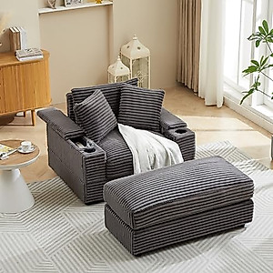 FANYE Oversized Single Sectional Sofa Couch Soft Corduroy Upholstered Modular Sleeper Daybed Deep Seat Chaise Sofa&Couch with Movable Ottoman, Cupholders and Storage Armrests