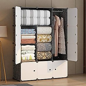 KOUSI Portable Wardrobe Closets 14"x18" Depth Cube Storage, Bedroom Armoire, Storage Organizer with Doors, 12 Cubes, Black