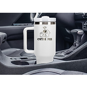 100 North Cutie Pie Cherry Slice Cartoon 40 oz. Stainless Steel, Large Water Bottle Coffee Mug, Spill & Leak Resistant, Thermal Travel Tumbler with Handle, Lid & Straw, White