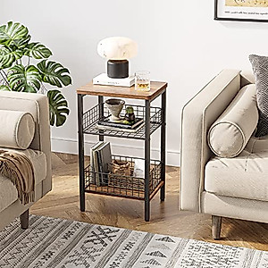 CubiCubi End Table, Small Side Table Nightstand with Storage Shelf for Living Room Bedroom, 3-Tier Sofa Table with Metal Frame, Deep Brown
