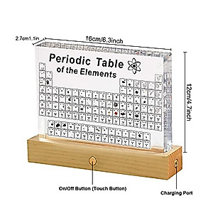 Periodic Table with Real Elements Inside, Transparent Acrylic Specimen Display Board Size 6.3 × 4.7 × 1.1 Inches Periodic Table Ornament for Child Education (with Rechargeable Lantern Base)