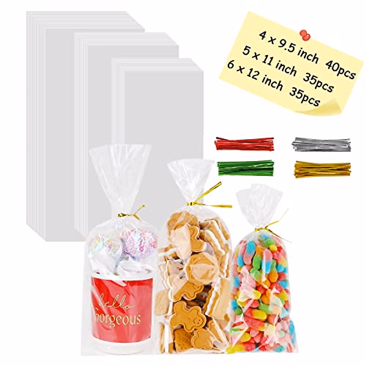 QTOP Cellophane Bags Cookie Bags Cellophane Treat Bags 3 Sizes 110 PCS cookie bags with Twist Ties for Birthday Party Favors, Valentines, Halloween, Christmas, Wedding（4x9.5 5x11 6x12 inches）