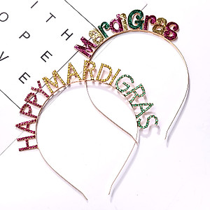 HEIDKRUEGER 2 Pcs Happy Mardi Gras Headbands Glitter Rhinestone Purple Green Gold Hairband for Carnival Party Hair Hoop Accessories (A-HAPPY Mardi Gras)