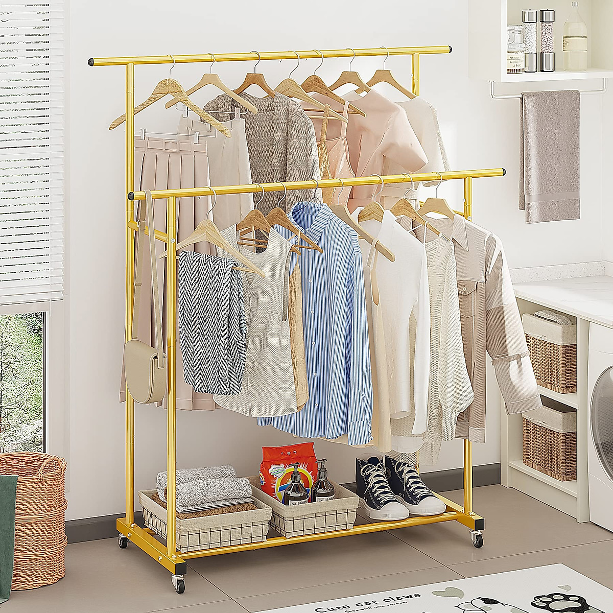 Calmootey Double Rod Clothing Garment Rack,Rolling Hanging Clothes Rack,Portable Clothes Organizer for Bedroom,Living Room,Clothing Store,Gold