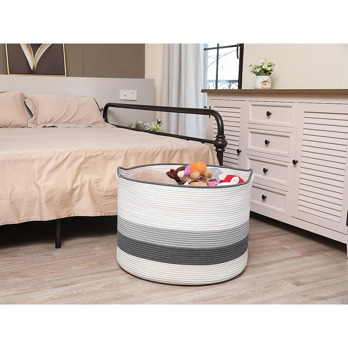 24" x 24" x 17" Max Size Large Cotton Rope Basket, Extra Large Storage Basket, Woven Laundry Hamper, Cloth Storage Bin, for Blankets Clothes Towels Pillows in Living Room, Double Graded Grey