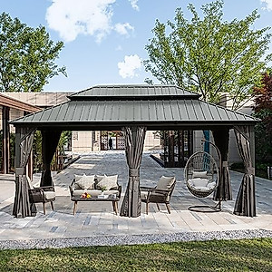 Domi 12' X 18' Hardtop Gazebo, Aluminum Metal Gazebo with Galvanized Steel Double Roof Canopy, Curtain and Netting, Permanent Gazebo Pavilion for Patio, Backyard, Deck, Lawn