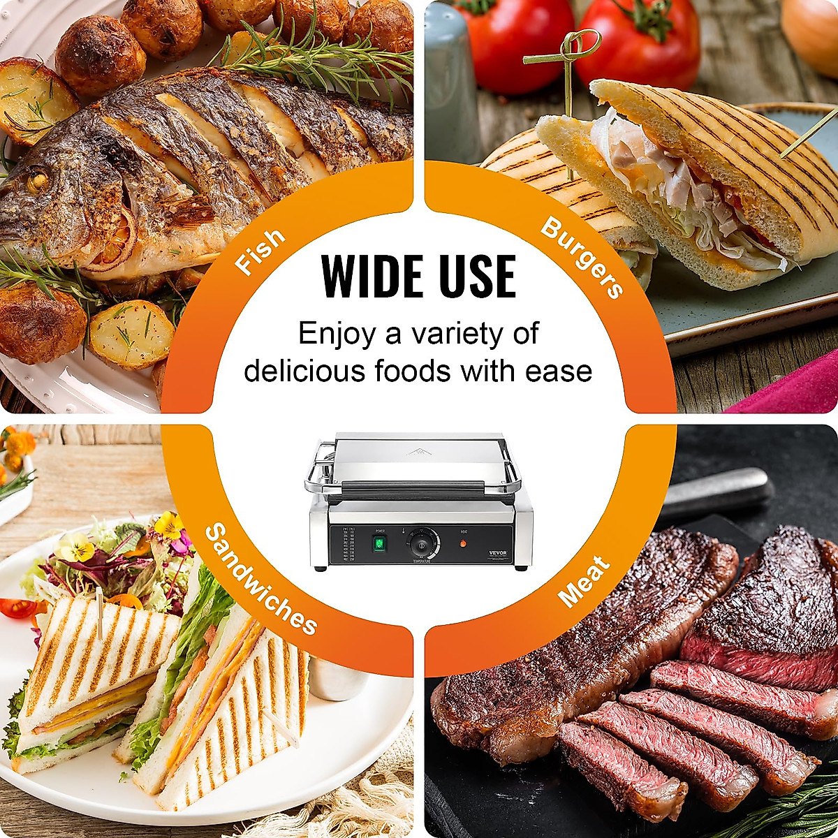 VEVOR Commercial Panini Grill, 1800W Electric Sandwich Panini Maker, Stainless Steel Sandwich Press, Panini Grill with Temp Control & 14"x9" Full Grooved Enamel Plate, for Hamburger Steak Bacon