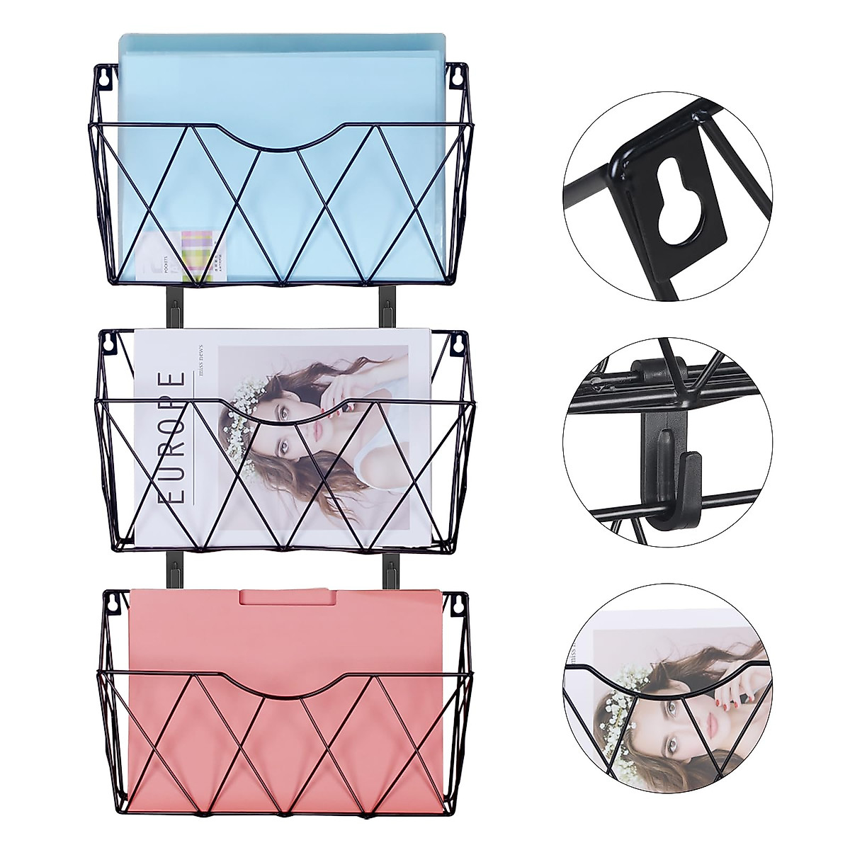 KEEGH Hanging Wall File Organizer Wall Mount File Folder 3 Pockets Wall Paper Organizer Mail Organizer Metal Wall Magazine Rack with Hooks