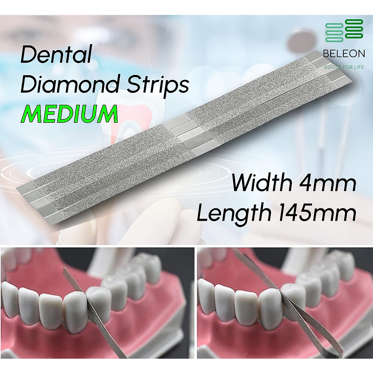 BELEON Dental Diamond Strips - Medium 5pcs 4mm x 145mm - Dental Stainless Steel Strips Abrasive for Contouring Teeth Sanding Strip Gross Reduction Polishing Teeth File Grinding Tooth Polisher