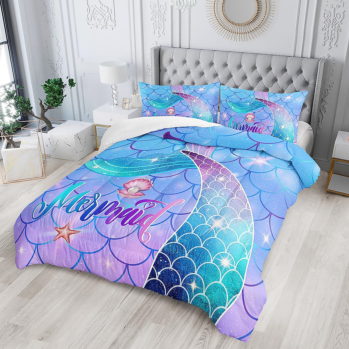 Tuzaovy Mermaid Twin Comforter Set for Girls,Twin Mermaid Bedding Sets for Girls,Mermaid Bed Set Twin for Girls,Rainbow Scales Mermaid Bedding Set,Bule Bedding Comforter Set,Mermaid Quilt Set Twin