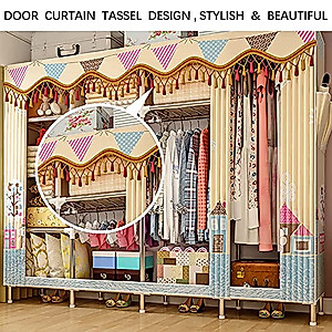 ZZBIQS Extra Large Clothes Wardrobe Storage Closet, Portable Garment Organizer Shelve Rack for Hanging Clothes, 82x68x18Inches, Flannel Fabric Cover Standing Closet with Hang Rod and 2 Side Pockets