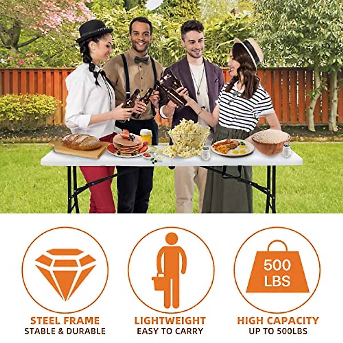 HKLGorg Folding Table 6 Ft Heavy Duty Fold Up Table Camping Working Table Indoor Outdoor Plastic Folding Table Utility Party Dining Table Easy to Assemble with Lock Function White