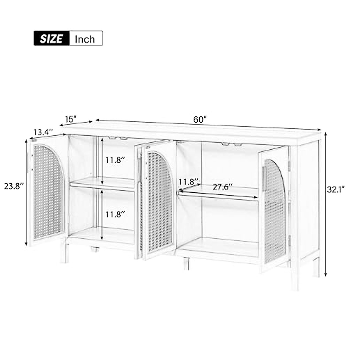LUMISOL Accent Buffet Cabinet with Rattan Doos, Modern Sideboard and Buffet Table Console Table with Adjustable Shelves for Living Room, White