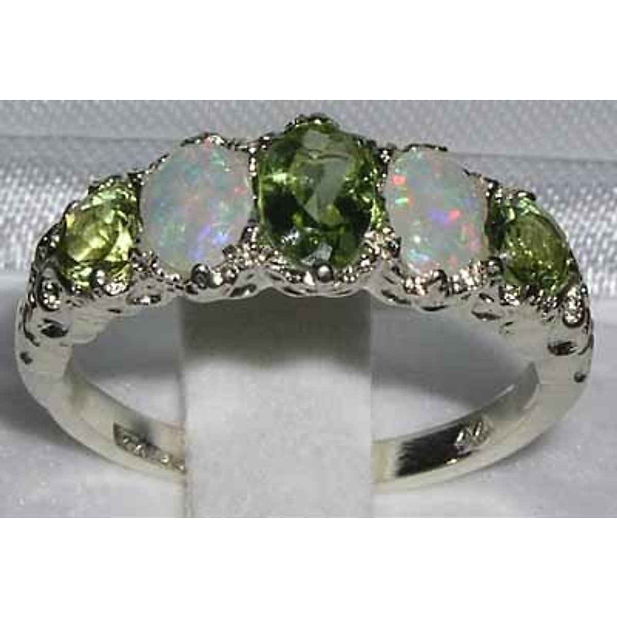 LetsBuyGold 14k White Gold Natural Peridot and Opal Womens Anniversary Ring - Size 4.25