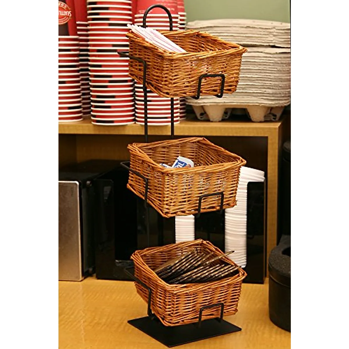 Mobile Merchandisers CR0620-3B-MB 3-Tier 3 Square Willow Basket Counter Display Rack,Brown
