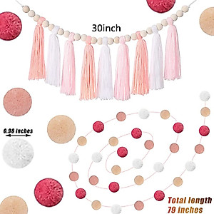 3PCS/Set Boho Tassel Garland, BetterJonny Boho Tassel Garland Tassel Wall Hanging Decor Pastel Tassel Banner with Wood Beads and 2Pcs Pom Pom Garland Felt Ball Garland for Home and Outdoor Decor