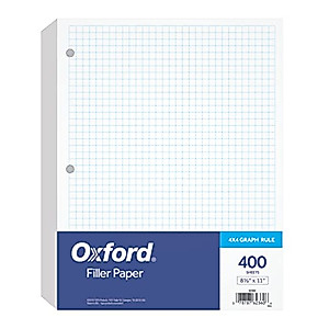 Oxford Filler Paper, 8-1/2" x 11", 4 x 4 Graph Rule, 3-Hole Punched, Loose-Leaf Paper for 3-Ring Binders, 400 Sheets Per Pack (62360)