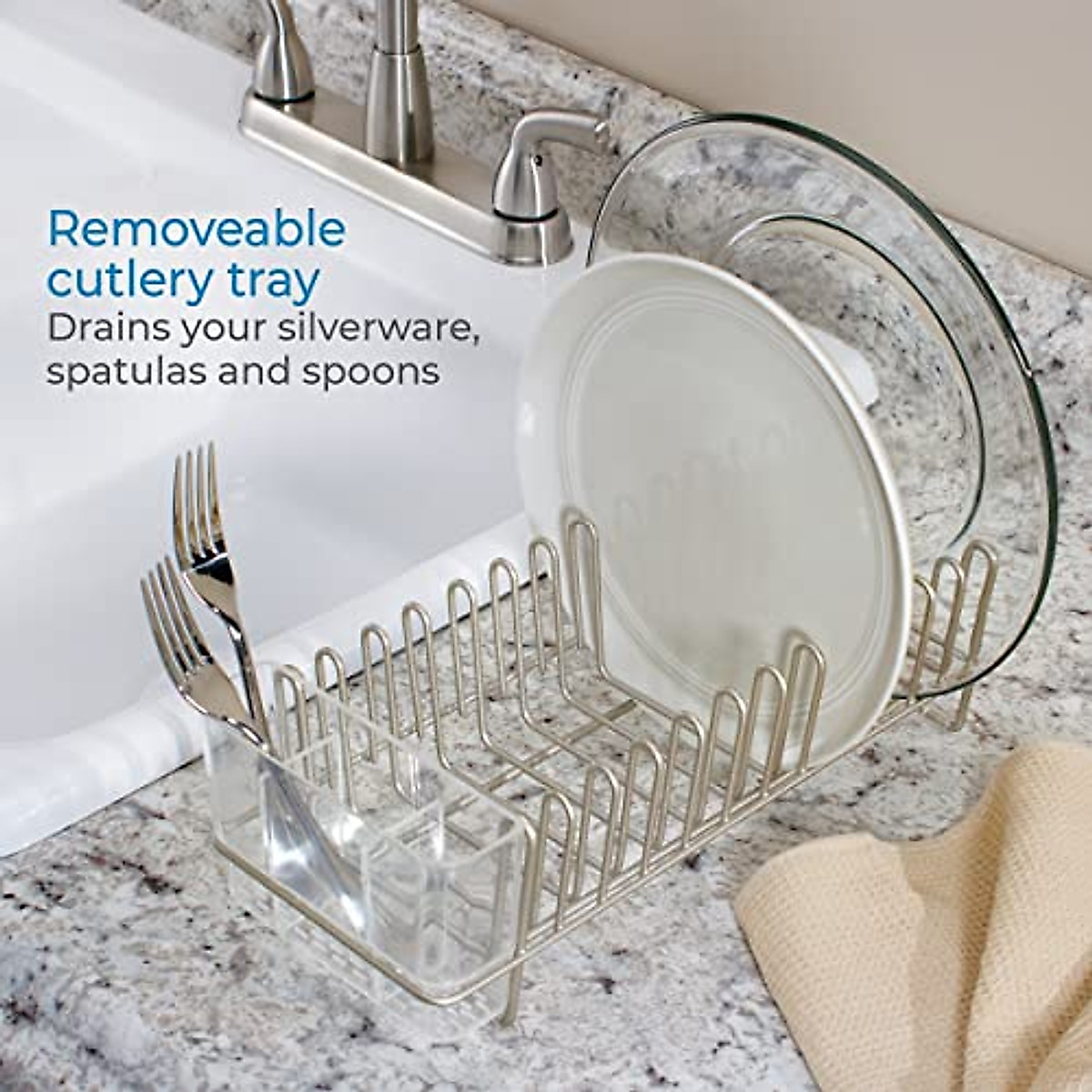 iDesign Metal Dish Drying Rack with Silverware Drainer, The Classico Collection – 12.5" x 5.5" x 4", Satin Silver