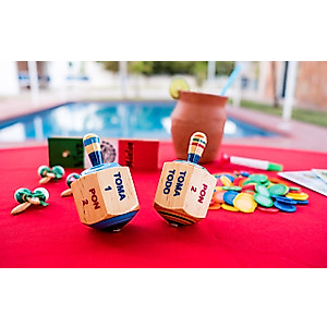 Pirinola Toma Todo Set – Wood Spinning Top Game – Set of 2 - Kids and Adults Party Games for Mexican Fiesta, Bachelor Parties or Baby Shower, 4 Inches Tall