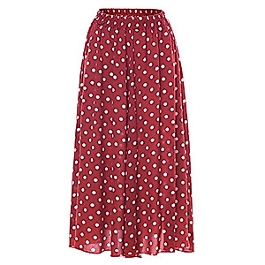 CHARTOU Women's Casual Contrast Polka Dot Chiffon Bohemia Swing Beach Midi A-Line Skirts (Small, Red)