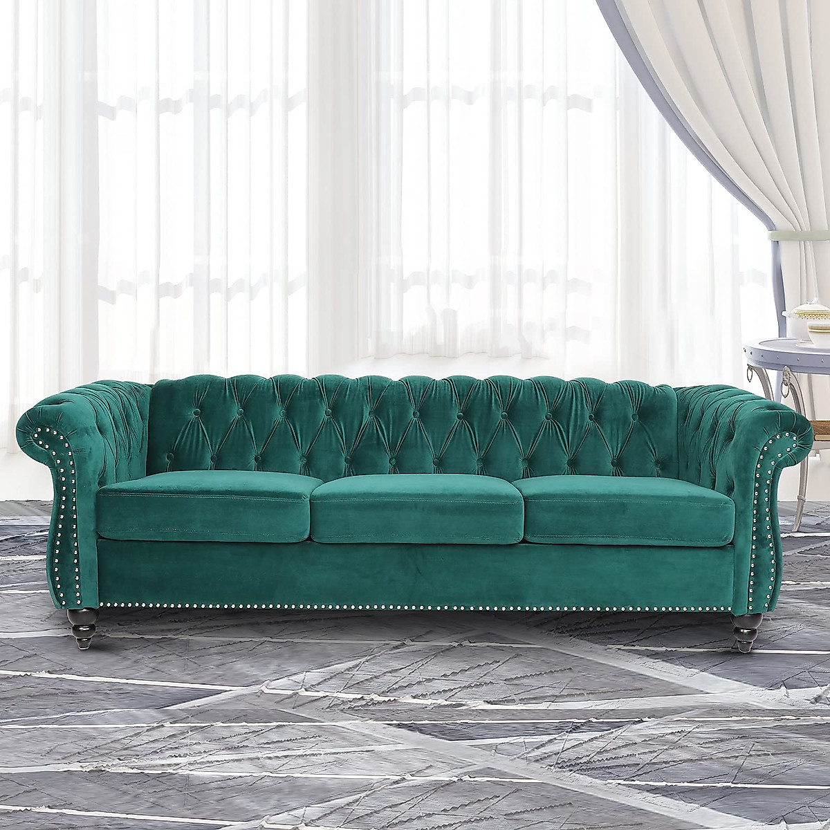 NOSGA Modern Chesterfield Fabric 3 Seater Couch Furniture, Deep Button Tufted Chesterfield Velvet Sofa with Scroll Arms, Upholstery Nailhead Trim Sofa Couches for Living Room(Green)