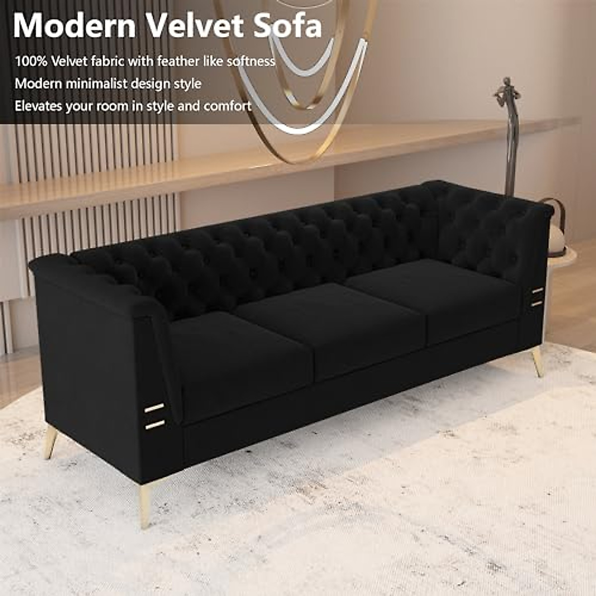 LaiBiKe Mid Century Velvet Couches 83" 2 Seater Living Room Sofa Comfortable Black Couch Solid Wood Frame Metal Legs for Guest Room Playroom Bedroom(03-Black-83)