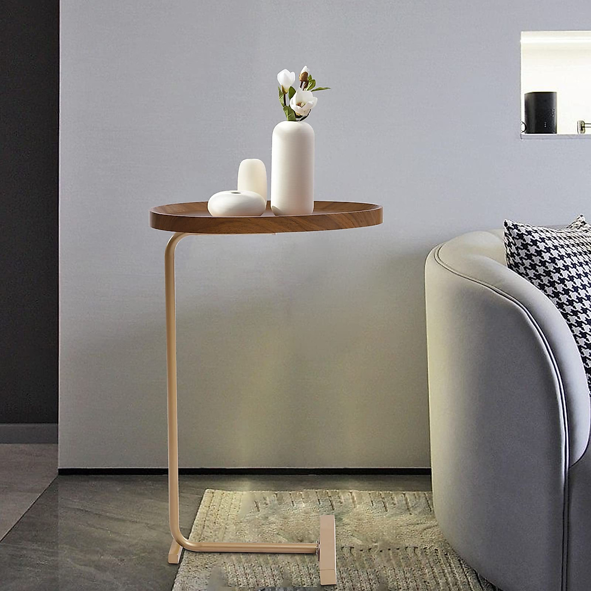 Small Side Table, C Shaped End Table, Wooden Coffee Table, Eating Couch Tables, Modern C Shaped Side End Table for for Living Room, Bedroom, Small Space
