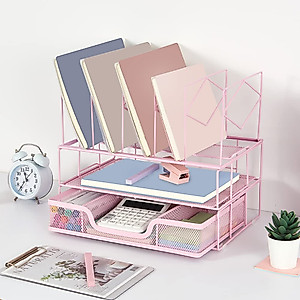 Becomrock Desk Organizers and Accessories, Office Supplies Desktop Organizer, Desk File Organizer with Sliding Drawer, Dual Tray and 5 Upright Section, File Folder Holder for Desk (Black)