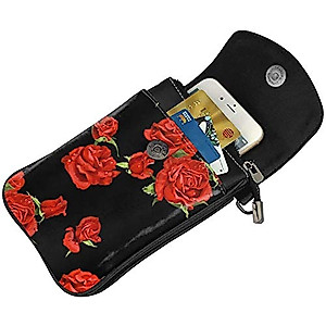 Red Rose Flower Black Women Soft PU Leather Cellphone Purse Wallet Handbag Small Crossbody Shoulder Bag