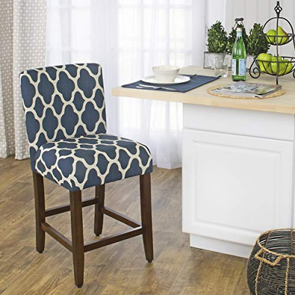 HomePop Upholstered Counter Height Barstool, 24-inch, Navy and Cream Geometric
